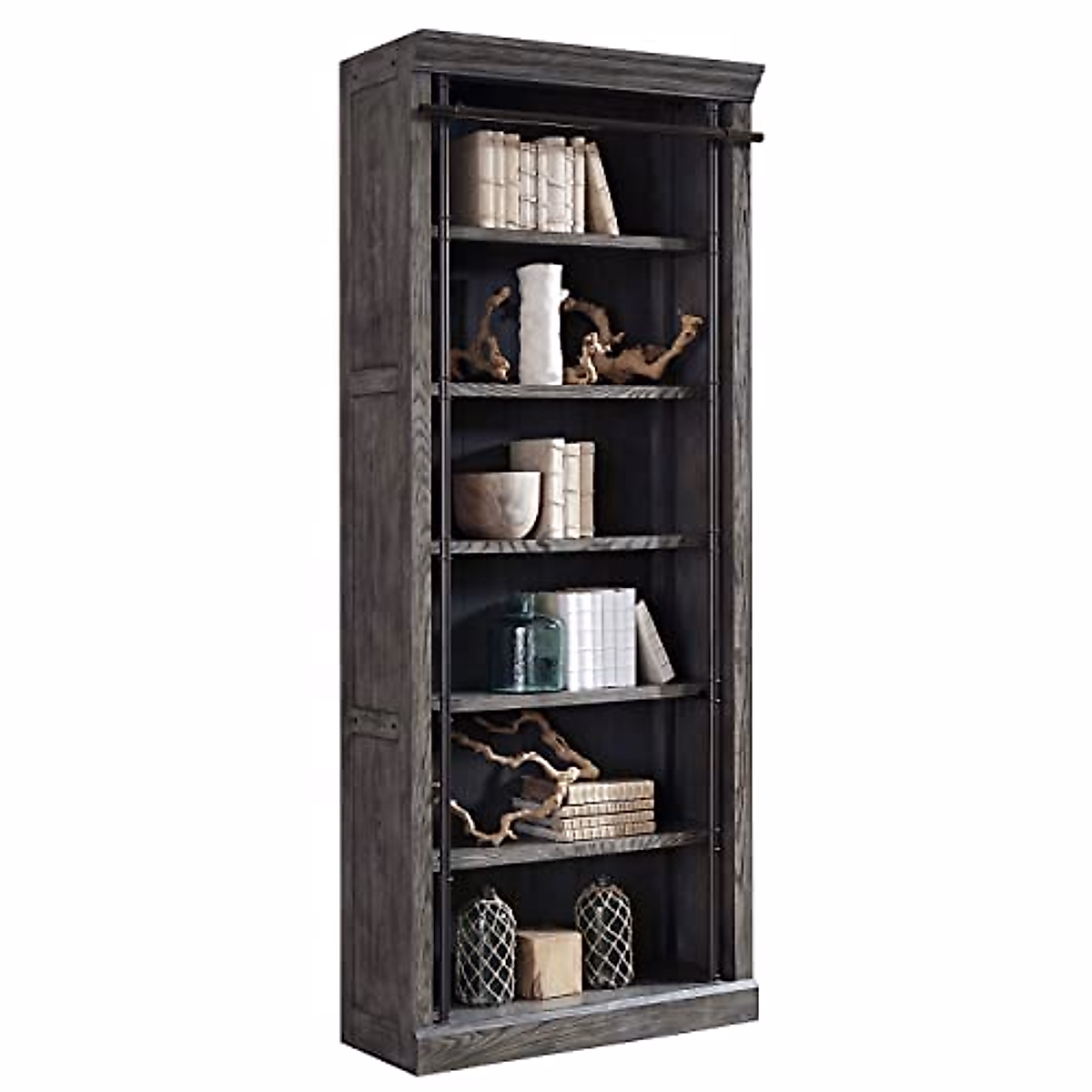 Martin Furniture Avondale 8' Tall Bookcase Wall with Ladder, Storage Organizer, Display Shelf for Office, Gray