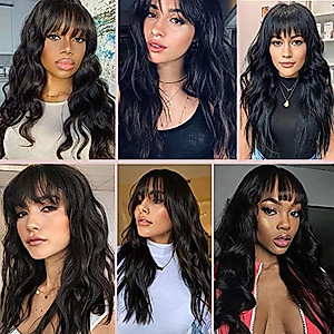 WAVE&BREEZE Black Wigs for Women 18inch Long Wavy Curly Hair Wigs with Bangs Synthetic Replacement Wigs Heat Resistant Fiber Party Costume Wig(18inch Natural Black)