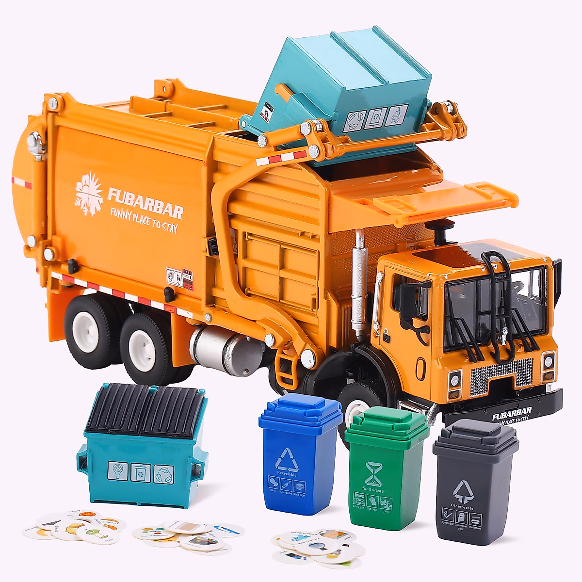 Garbage Truck Toys, Fubarbar 1:43 Bruder Tonka Trash Trucks Model for Boys Metal Diecase Waste Management Front Loader Die Cast Recycling Dumpster Truck Toy for 3 4 5 6 Years Old(Orange)