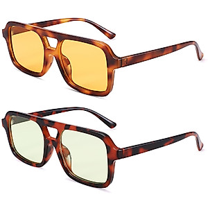 Pro Acme Retro 70s Square Aviator Sunglasses Women Men Vintage Flat Trendy Shades 2Pack(Leopard Frame Orange Lens+Leopard Frame Green Lens), 53MM