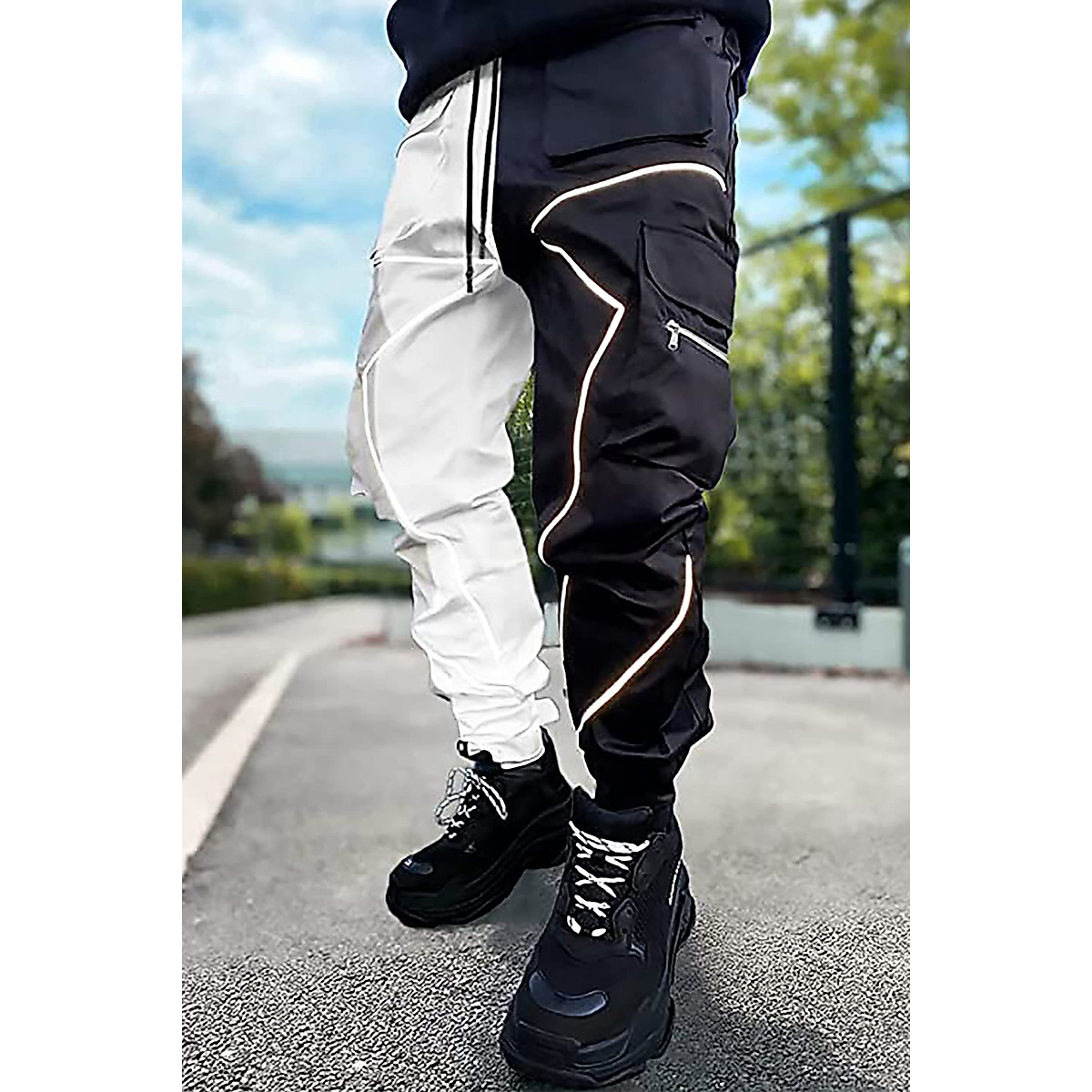 BOOMLEMON Men's Cargo Jogger Pants Reflective Technical Hip Hop Harem Pants Punk Streetwear Tactical Track Pants(Black White L)