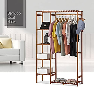 MoNiBloom Bamboo Garment Rack with Shelves 6 Tier Closet Coat Storage Organizer Clothes Hanging Rack with Pants Rack & Hooks for Bedroom, Living room, Office, Mudroom, Brown