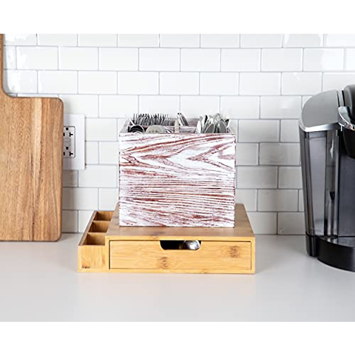 Mind Reader One Tabletop Caddy, Rustic Style, Wood, Brown Utensil Organizer, Size