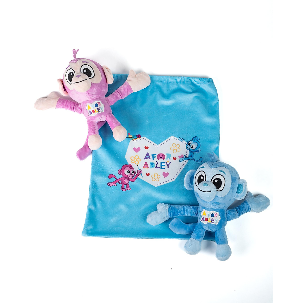 A FOR ADLEY Official Merch Monkey Buddies, A Pink and Blue Monkey Ready to Be Your Favorite Stuffed Animal Friend. Comes with Carrying Bag.