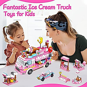 Ice Cream Truck Building Sets for Girls,12in1 Friends Ice Cream Truck Toys for Kids,Pink Food Truck Toy Building Blocks,STEM Educational Toy for Children's Day Gift,Birthday Gifts for Girls Age 6-12 +