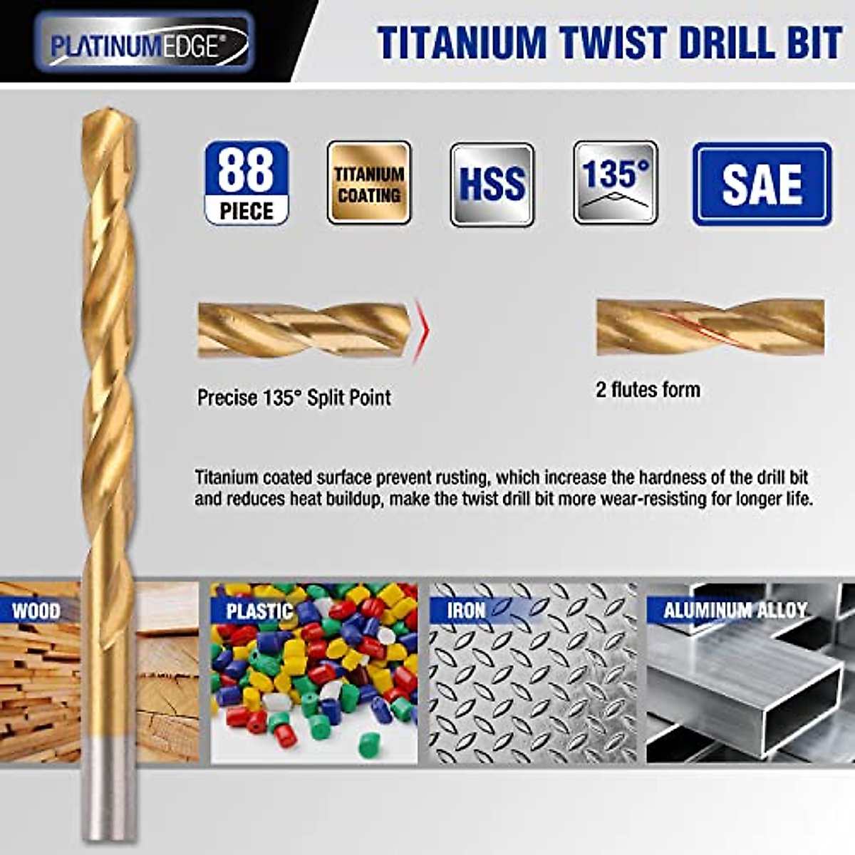 PLATINUMEDGE 140PC Multi-Purpose Drill Bits Set, 88PC Titanium Twist Drill Bits 26 Pieces Masonry Drill Bits 26 Pc Brad Point Drill Bits, with Hard Storage Case, for Wood, Metal, Masonry, etc.