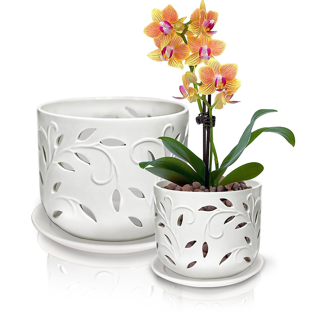 KERUITA Orchid Pots with Holes,6 inch + 5 inch Ceramic Planters Set of 2 with 2 Bottom Tray, Enhanced Drainage and Ventilation,White Flower Pots for Indoor/Outdoor Plants for Repotting