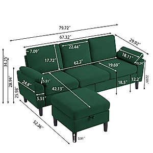 Chireca 80" Convertible Sectional Sofa, Small L Shaped 3 Seat Couch with Reversible Storage Chaise, Modern Polyester Fabric Sofa Couches for Living Room, Apartment and Small Space, Green