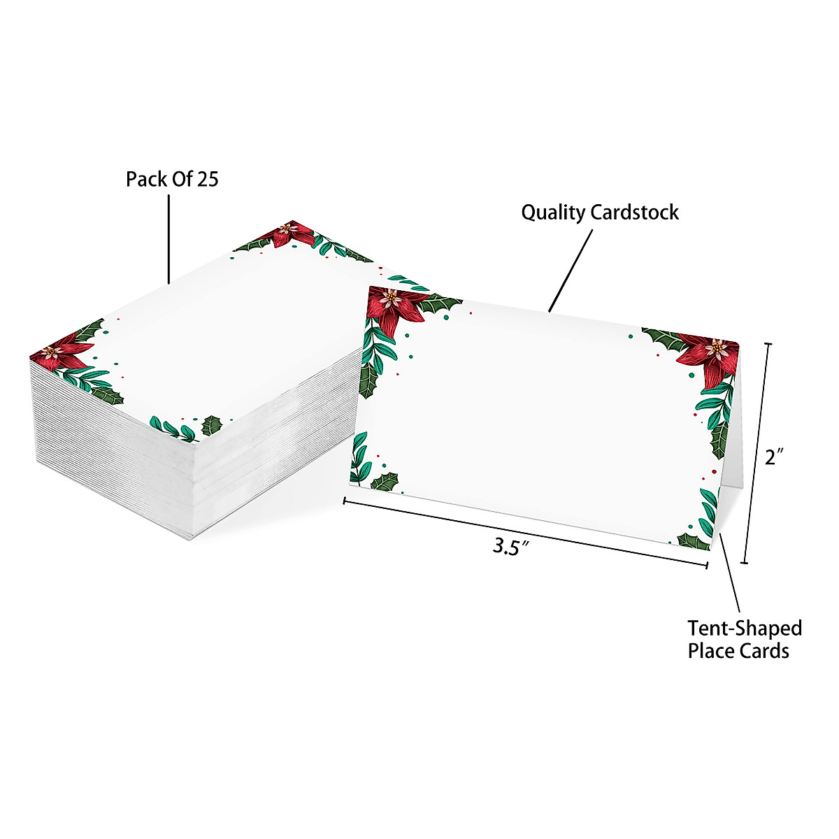 Table Place Card, Christmas Themed Tent Style Cards, Pack of 25 Half-Fold Reception Place Card, Perfect for Christmas Party, Wedding, Bridal & Baby Shower, Birthday, Banquet and Special Events A15