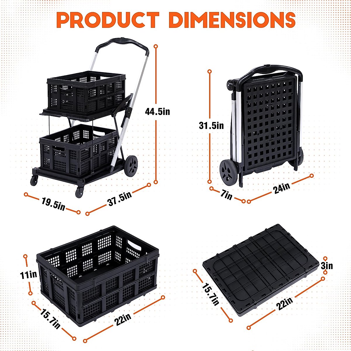 Shopping Supermarket Cart - Mobile Folding Grocery Cart with 360 Rolling Swivel Wheels, Multi-Use Functional Collapsible Carts with 1 Storage Crate