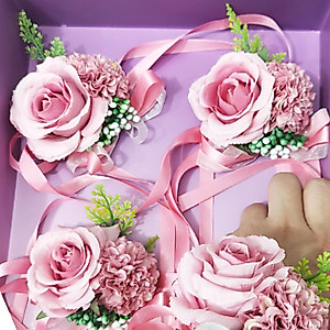 Axnhbubu 4Pcs Bridesmaid Purple Wrist Corsage Bracelet Wristlet Band Bridal Dusty Rose Corsage Girl Women Hand Flowers Boutonnieres for Wedding Prom Party Decorations