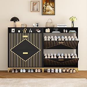 FFBCFDK Shoe Cabinet Storage for Entryway,Shoe Storage Cabinet with 2 Flip Drawers, Shoe Organizer Cabinet with 2 Tier Narrow Shoe Rack Organizer Wooden Shoe Rack for Front Door Entrance, Closet