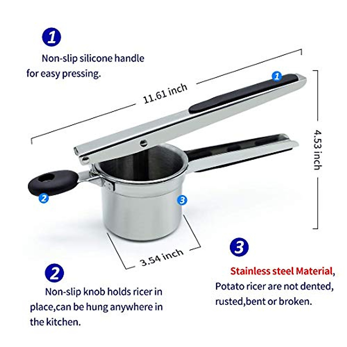 Potato Ricer,Ricer For Mashed Potatoes,Spaetzle Maker With 3 Interchangeable Discs, Potato Ricer Stainless Steel Creates Smooth Mashed Potato,Spaetzle Press,Potato Squeezer,Passatelli Maker