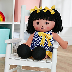 LOVE & HUG 17" African American Black Doll | Stuffed Soft Plush Doll with Blue Dress and Soft Yarn Hair for Kids and Toddlers to Love and Hug | Gift for Birthday, Christmas