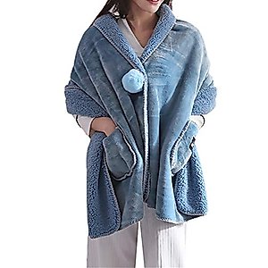 Cozy Fleece Wrap Shawl with Large Front Pockets - Keeps Hands and Shoulders Warm Wearable Blanket Throw Flannel Sherpa Cape for Women