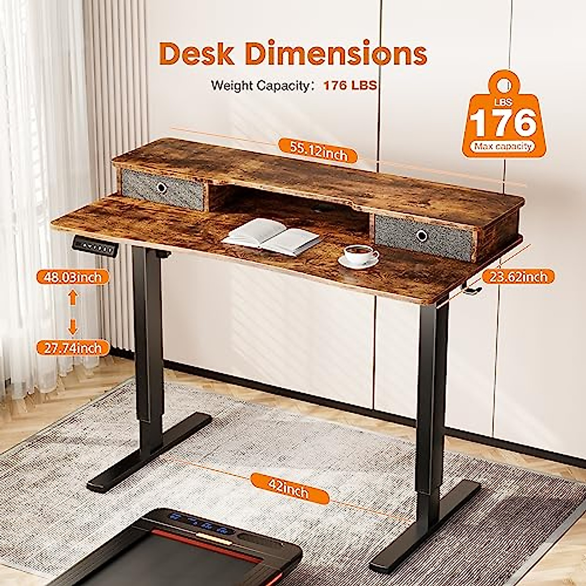 Sweetcrispy Electric Standing Desk Adjustable Height, 55 x 24 inch Stand up Sit Stand Desk with Drawers, Ergonomic Home Office Rising Table Computer Workstation with Storage Shelf, Rustic Brown