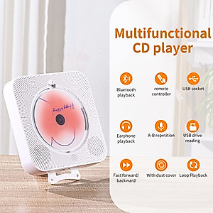 Yintiny Rechargeable Cute CD Player with Blutooth 5.0, Portable Music Player for Home Decor, Remote Control, Support AUX in Cable&USB, HiFi Bluetooth Player