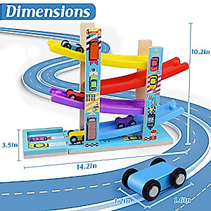 Montessori Toys for Toddlers, Children Race Track Toy with 4 Cars and 1 Wooden Parking Lot, Stable Base, Car Ramp Toy for 1 2 3 Year Old Boy Girl Gifts