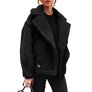 PRETTYGARDEN Womens 2023 Winter Fashion Sherpa Coats Lapel Fleece Jacket Long Sleeve Pockets Faux Fur Dressy Fall Outfits (Black,Small)