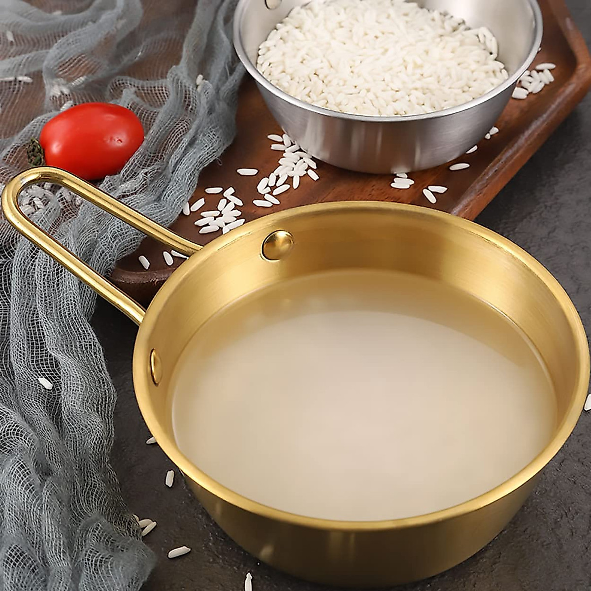 Dadamong 2-Pack Makgeolli Bowls, 304 Stainless Steel Korean Traditional Bowls Rice Wine Bowl with Handle, Hiking Soup Dish, Food Bowl Camp Cup, 4.7 Inch, 10 Ounces (Gold)