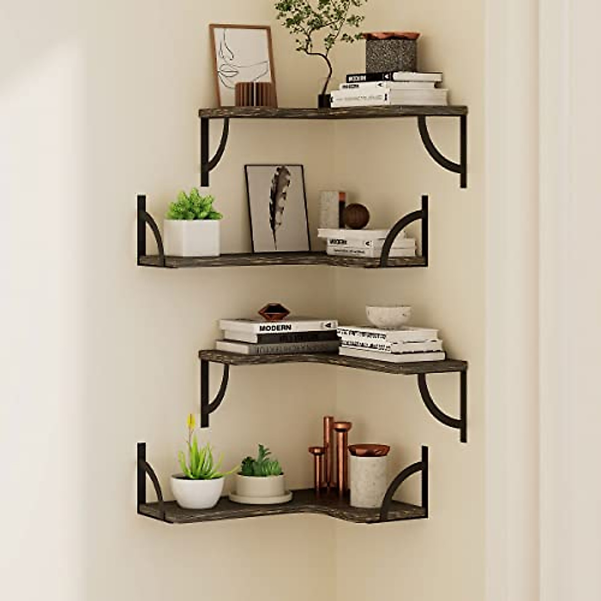 MOLYHOM Wood Floating Corner Shelves, Wall Shelves for Bedroom, 4 Sets of Wall Mounted Shelf…