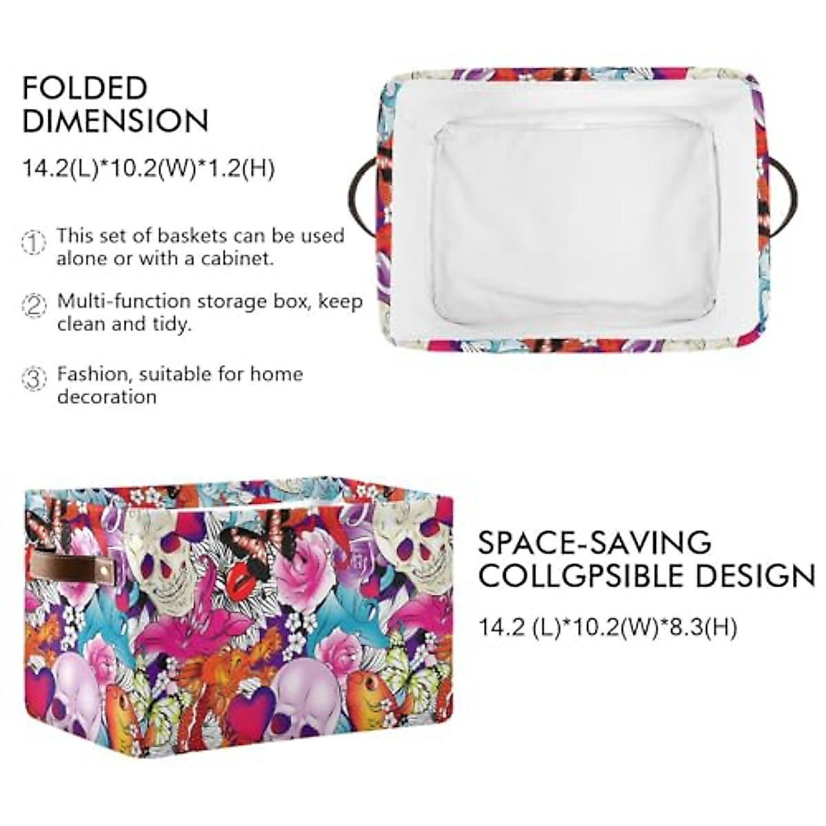 Skull Flowers Butterflies Storage Basket Bins Foldable Toy Baskets Organization with Handles Laundry Hamper for Home Boys Girls Office Closet Shelf Nursery Baskets,1 pcs