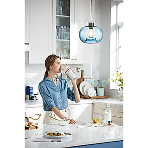 HASUN 2 Pack Blue Pendant Lights Kitchen Island, 9.2 Inch Pumpkin Farmhouse Seeded Glass Pendant Lights Fixture, Bedroom Pendant Light for Office Cafe Pubs Brushed Nicke with Bulb