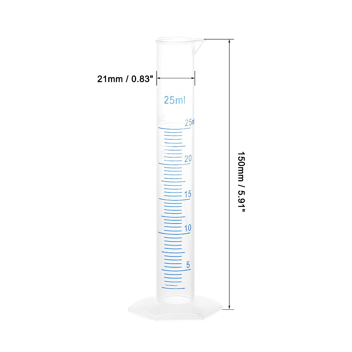 uxcell Plastic Graduated Cylinder, 25ml Measuring Cylinder, Science Test Tube Beakers, 2-Sided Metric Marking, Clear Hex Base for Lab Home 4Pcs