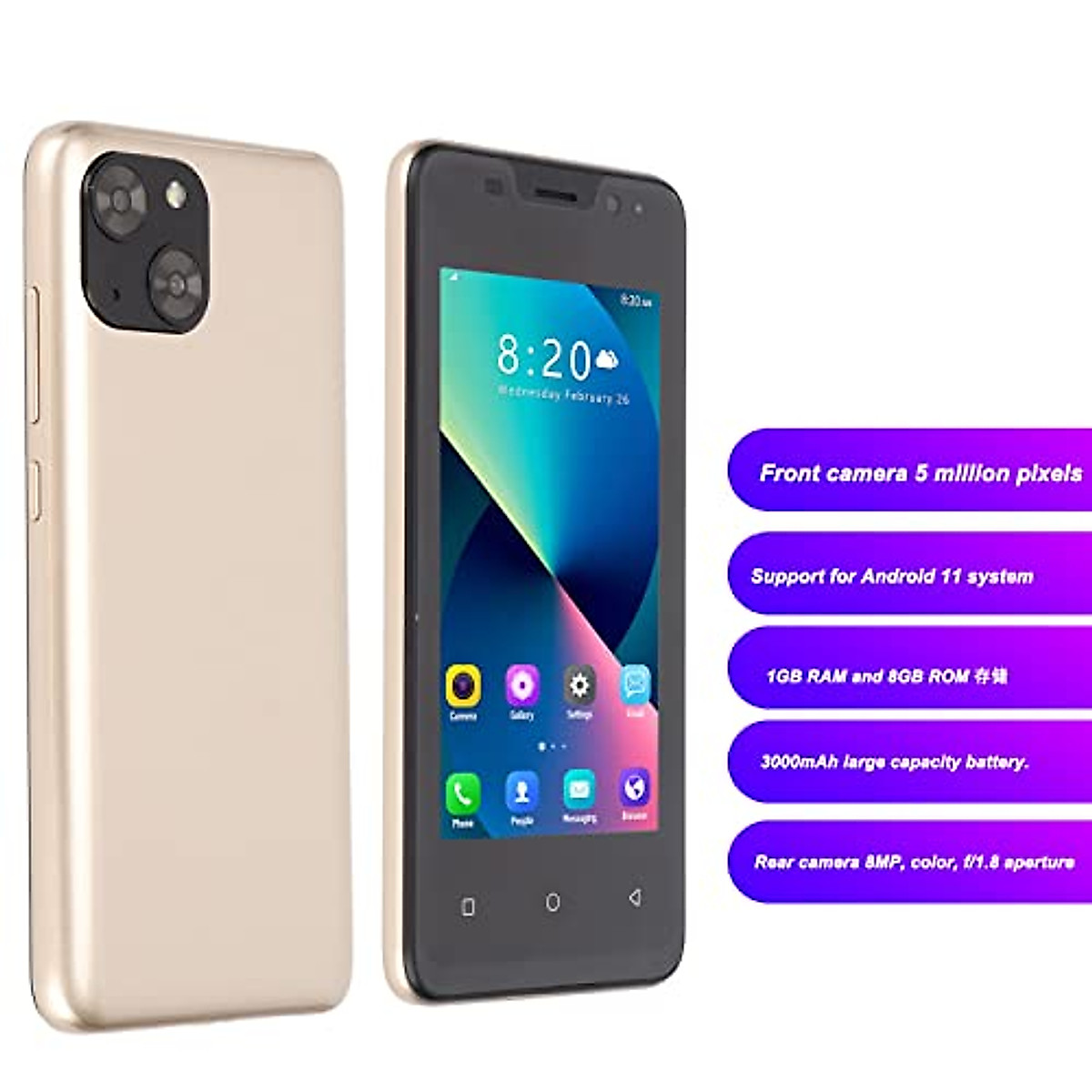 ASHATA I13 Unlocked Android Smartphone, 4.66in HD Screen Unlocked Cellphone, 1GB 8GB, Support 128G Storage, 5MP 8MP Camera, Dual Cards Dual Standby, 3000mAh Fast Charging (Gold)