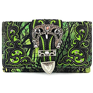 Justin West Abstract Butterfly Buckle Black Conceal Carry Handbag (Green Purse and wallet)