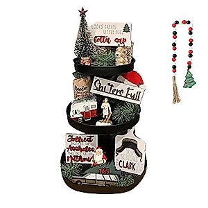 DULRLLY 7pcs Christmas Tiered Tray Decor Set, Rustic Farmhouse Autumn Fall Supplies, Xmas Wooden Tabletop Signs for Christmas Farmhouse Home Kitchen Party Decoration (Not Included Tray)