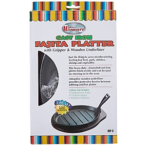 Winco ISP-3 Cast Iron Steak Platter with Wood Underline and Gripper,Black,Medium
