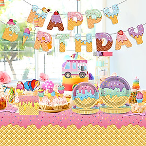 Lonfliness 132Pcs Ice Cream Party Decorations Set Ice Cream Party Supplies Tableware Kit Ice Cream Paper Plates, Napkins, Tablecloth,Banner for Kids Girls for Party , Birthday, Baby Shower Serve 25