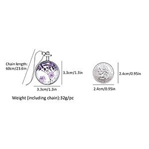 Lifenanny Dry Pressed Flower Necklace Handmade Purple Lavender Glass Necklace Round Pendant Necklace for Women Girls (Purple)