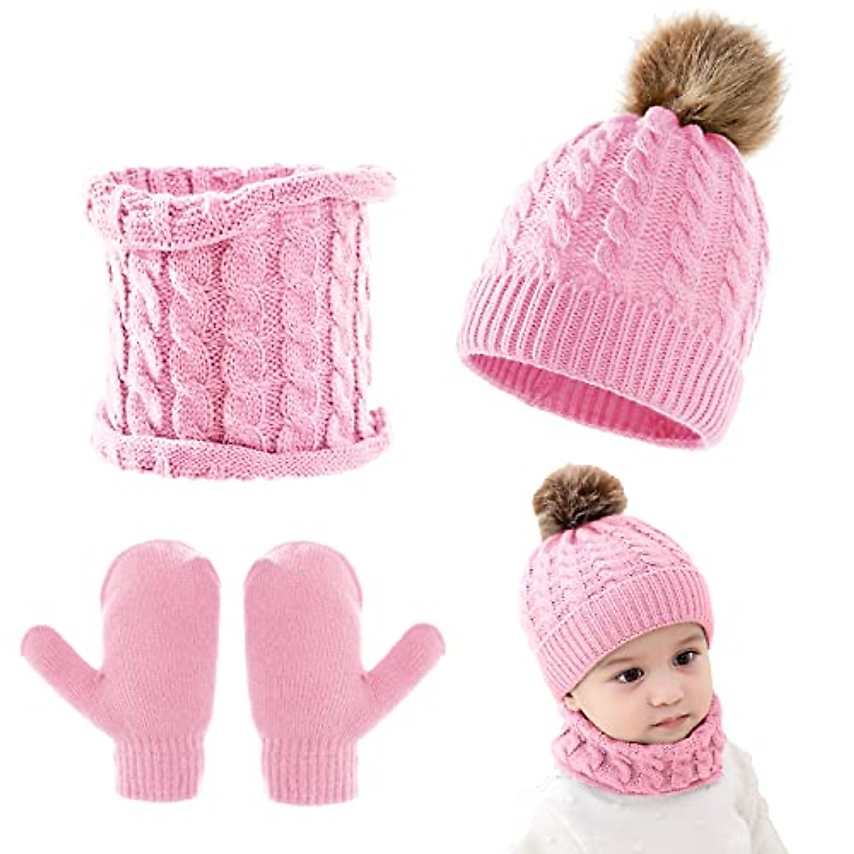3PCS Baby Winter Hat Scarf Gloves Set Kids Knitted Beanie Cap Neck Warmer Mitten for Boys Girls 0-4Years (Pink)