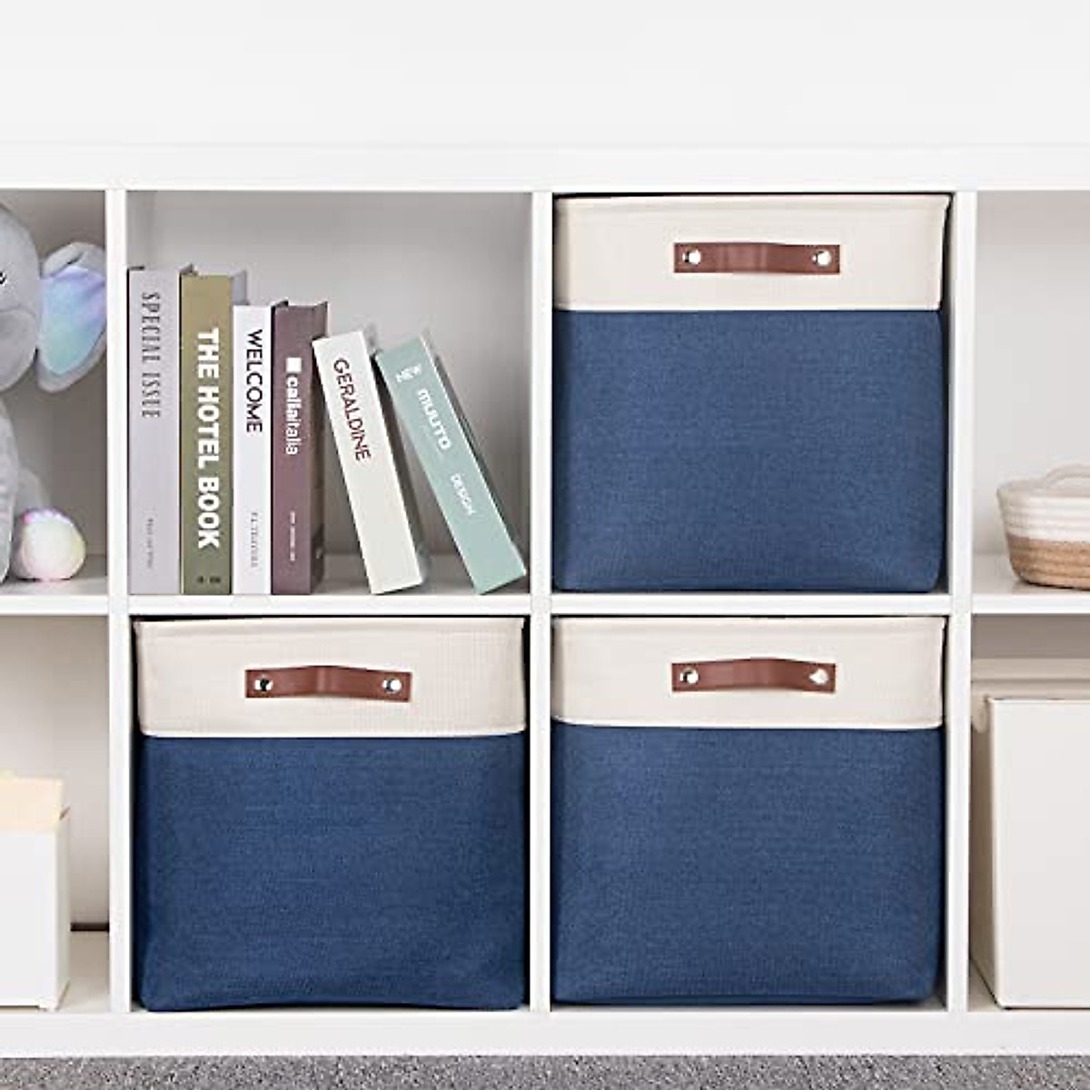 HNZIGE Baskets Fabric Storage Cubes Bins Baskets(3 Pack)Storage Baskets Cube for Shelf, Large Collapsible Organizer Closet Baskets,13x13 Toy Baskets with Leather Handle for Kids, Home, Clothes, Shelf(White&Blue)