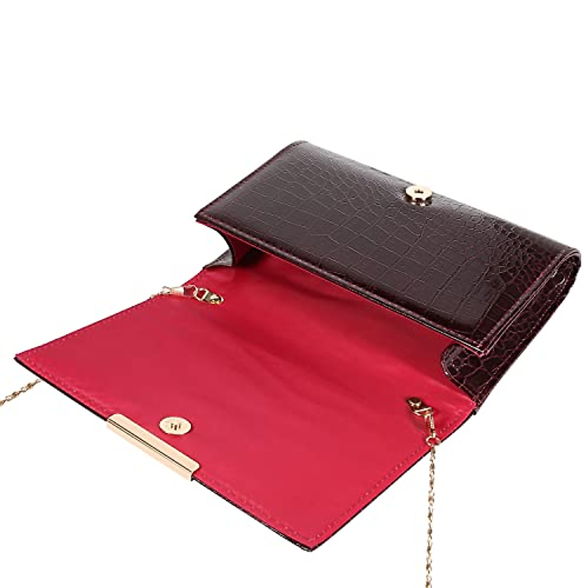 Women's Burgundy Evening Clutch Faux Crocodile Skin Crossbody Flap Bag with Chain Strap