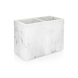 Essentra Home White Marble Kitchen Utensil Holder for Countertop, Rectangular Utensil Crock with Two Compartments.