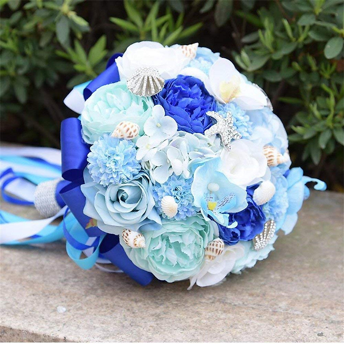 Wedding Bridal Bouquet Home Beach Seashell Wedding Bouquet Silk Roses Wedding Flowers Holding Tossing Flower Bride Rose Flowers Hydrangea Garden Bouquets Blue Beach Bouquet Starfish Bridal Bouquet