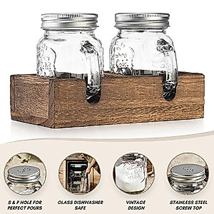 MosJos Mason Jar Salt and Pepper Shaker - Vintage Glass Condiment Dispenser Set with Wooden Holder Caddy - Farmhouse Kitchen Decor, Easy Refill 5-ounce Capacity with Stainless Steel Lids