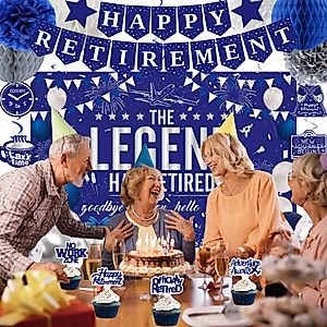 Retirement Party Decorations Blue Silver Happy Retirement Decorations for Men Women, Happy Retirement Banner, Retired Backdrop, Balloons, Pompoms, Hanging Swirl, Retirement Card, Cake Topper Set 54pcs