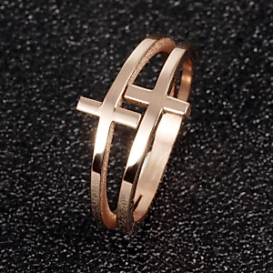 Womens Elegant 18K Rose Gold Stainless Steel Double Cross Ring Christian Fashion Wedding Engagement Band Size 8