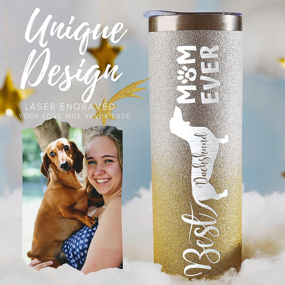 Onebttl Dachshund Gifts, Best Dachshund Mom Ever, Christmas Gifts for Wiener Dog Lovers, Women, Girls, Friends, Daughters, Coworkers, Stainless Steel Glittering Tumbler 20Oz