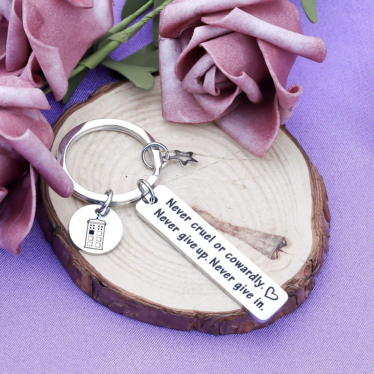 AKTAP Police Box Keychain Gift Never Cruel Or Cowardly Never Give Up Never Give In Movie Quote Jewelry For Fans (Police Box Keychain)