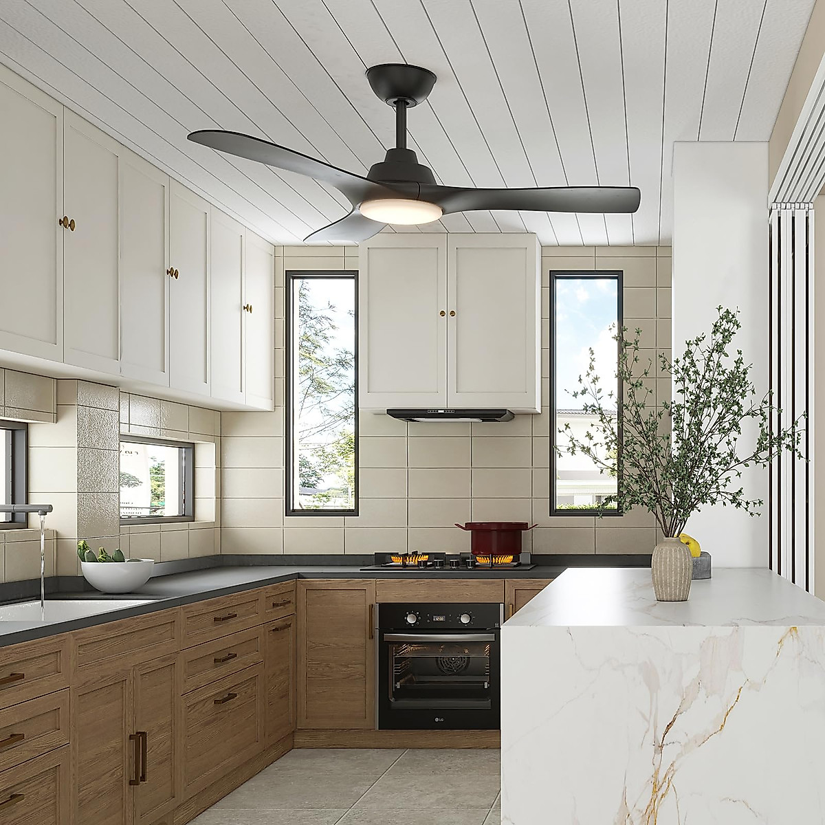 warmiplanet Ceiling Fan with Lights Remote Control, 42-Inch, DC Motor, 6 Speed, Dimmable LED Light, Black, 3-Blades