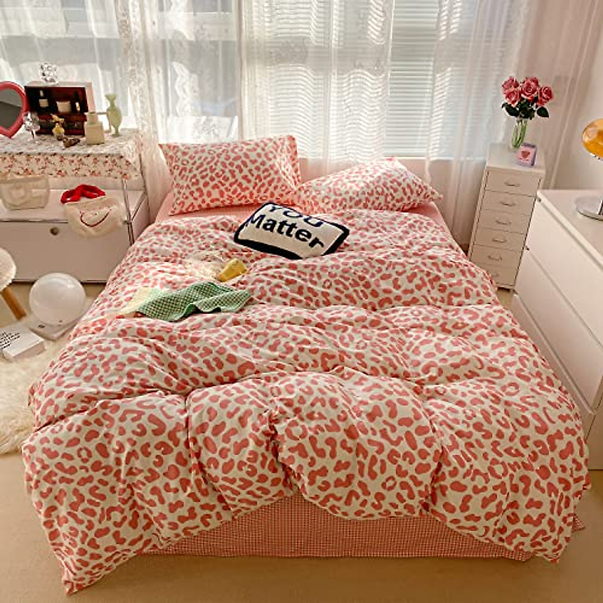 AOJIM Animal Leopard Duvet Cover Cheetah Print Bedding Set 100% Cotton Soft Quilt Cover White and Pink Comforter Cover 1 Queen Size Duvet Cover 2 Pillowcases (no Comforter)