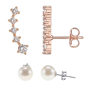 PAVOI Womens 14K Rose-Gold-Plated-Brass Sterling Silver Post Climber Arrow Ear Crawler Pearl Earring