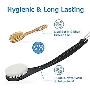 Exfoliating Shower Brush, Bath Body Brush, Never Mold Back Brush Long Handle for Shower, Dry Brushing Body Brush or Wet Brush with Moderate Bristles Black