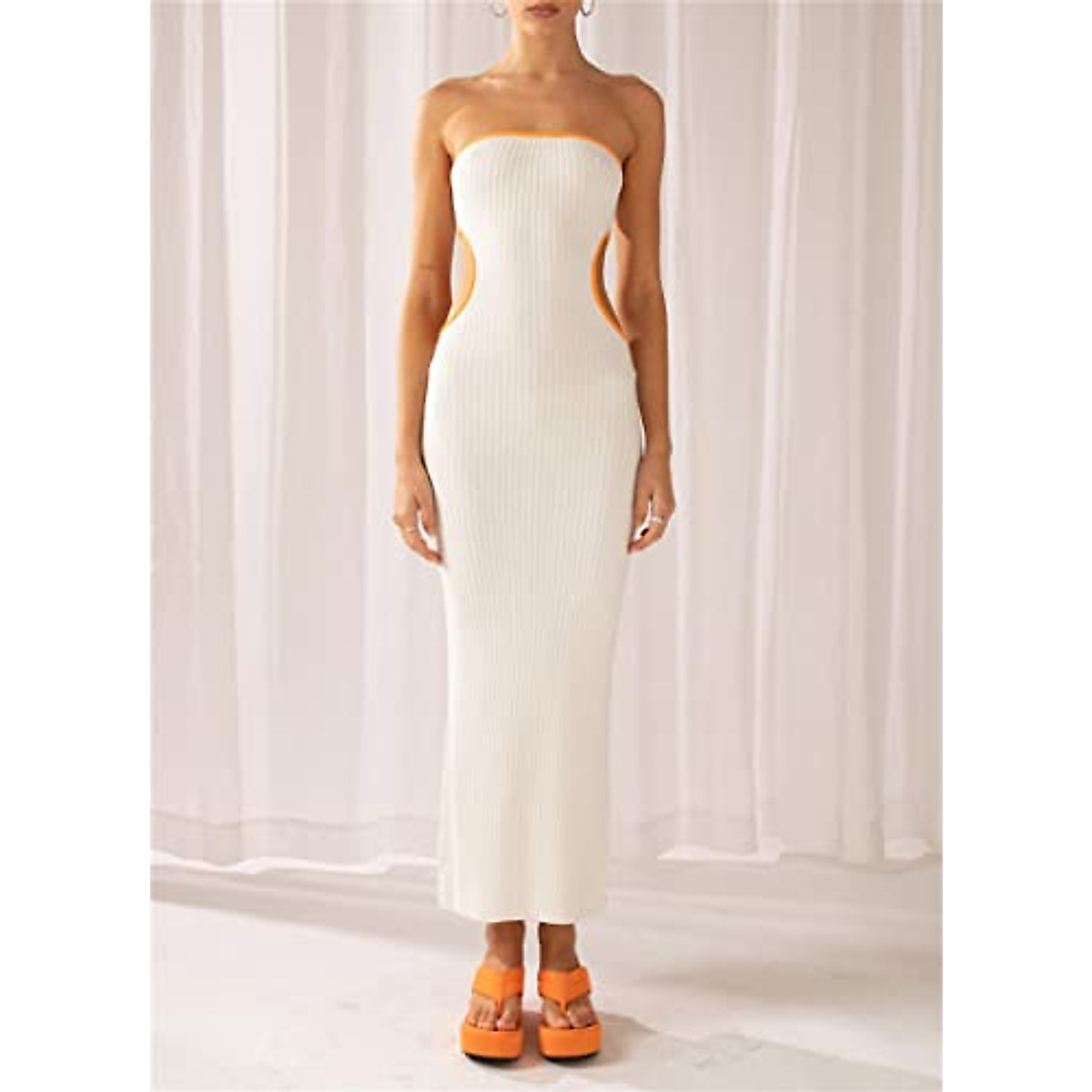 Yuemengxuan Women Sexy Backless Lace up Maxi Dress Elegant Spaghetti Strap Hollow Out Long Dress Party Streetwear (Beige #05M, S)