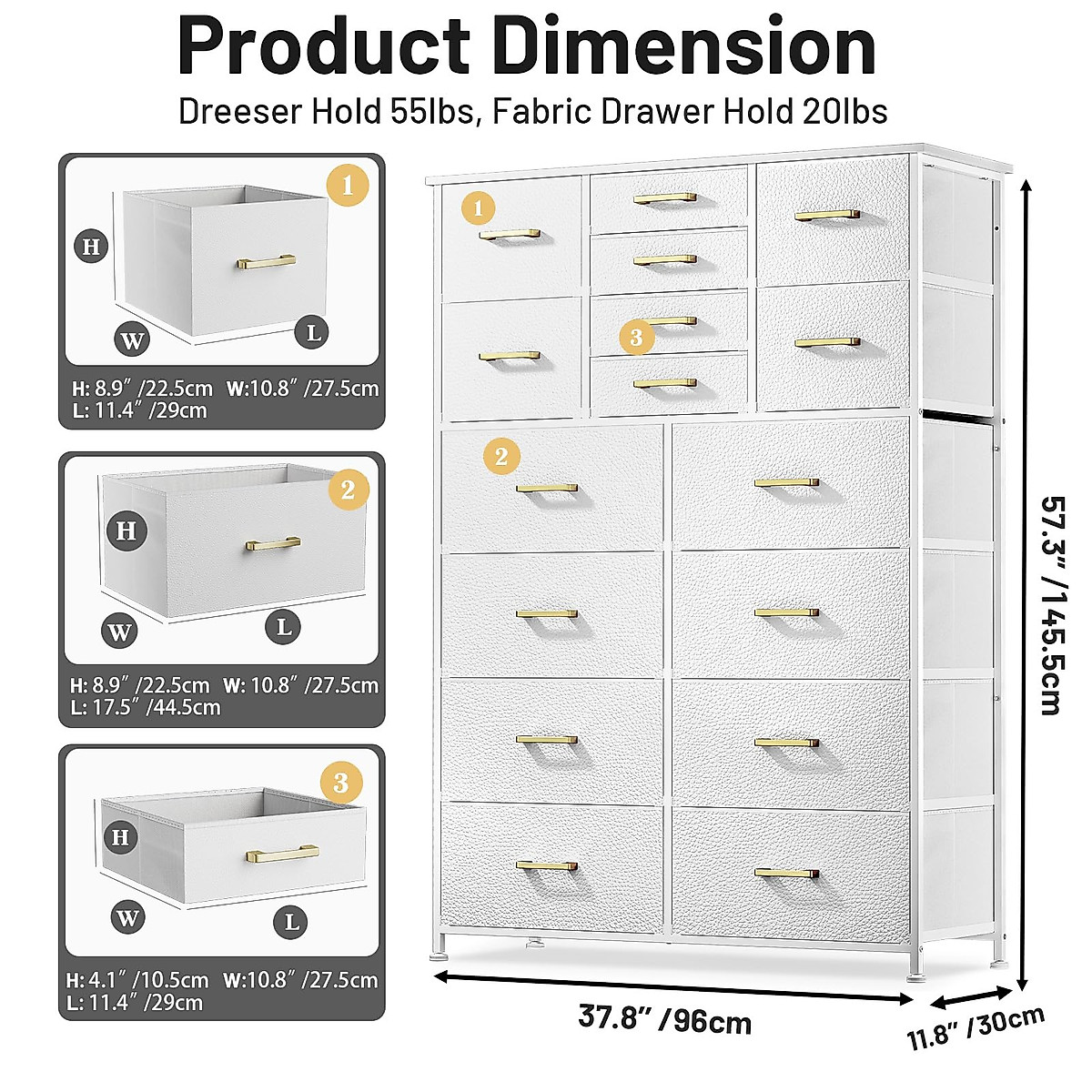 GipGiper 16 Drawers Dresser for Bedroom, Tall Dresser with Large Capacity Fabric Drawer Chest of Drawers for Closet, Living Room, Hallway, Kid Room, Leather Finish, Wood Top White